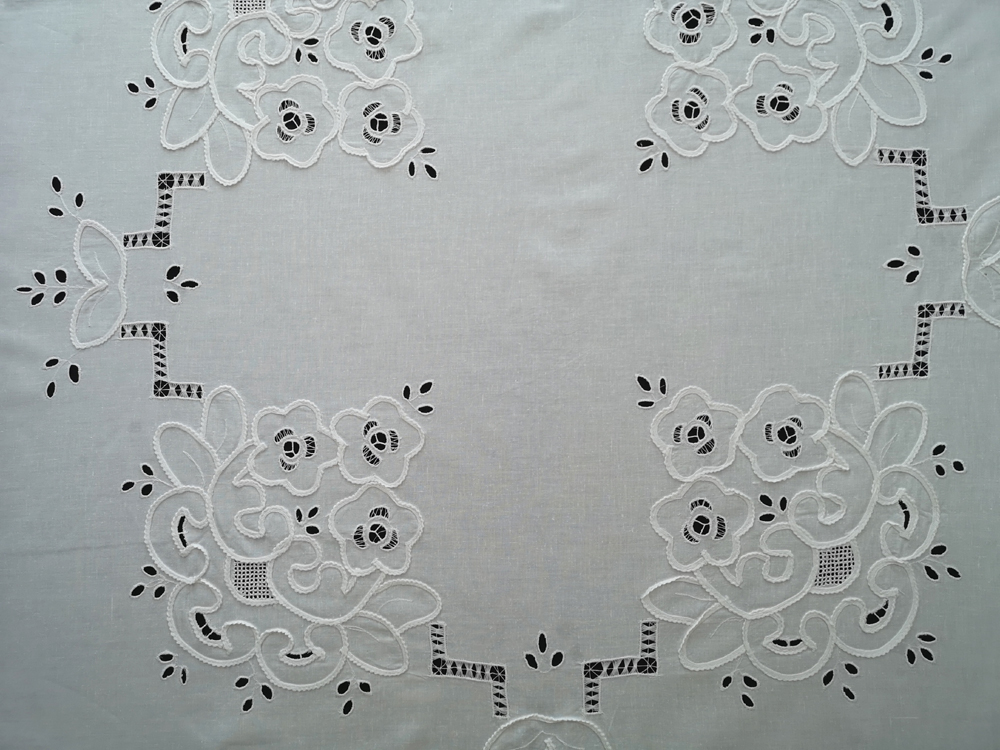 A72-15 72X72" White cotton with white machine embroidery tablecloth